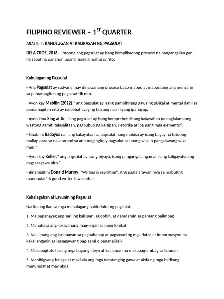 FILIPINO REVIEWER 1st Quarter | PDF