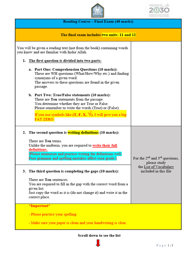 Final Exam Guide for Reading Course | PDF | Question | Adjective