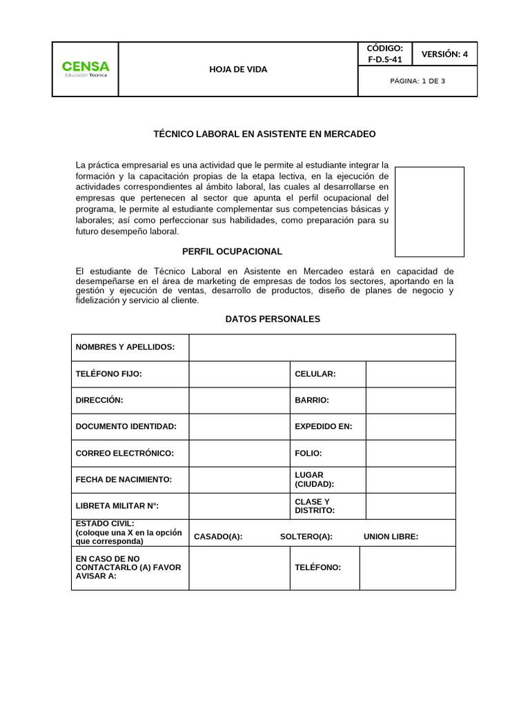 Hoja de Vida: Asistente en Mercadeo | PDF | Marketing | Negocios económicos