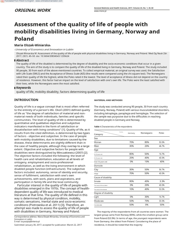 Evaluation of Quality of Life of Persons With Locomotor Disability ...