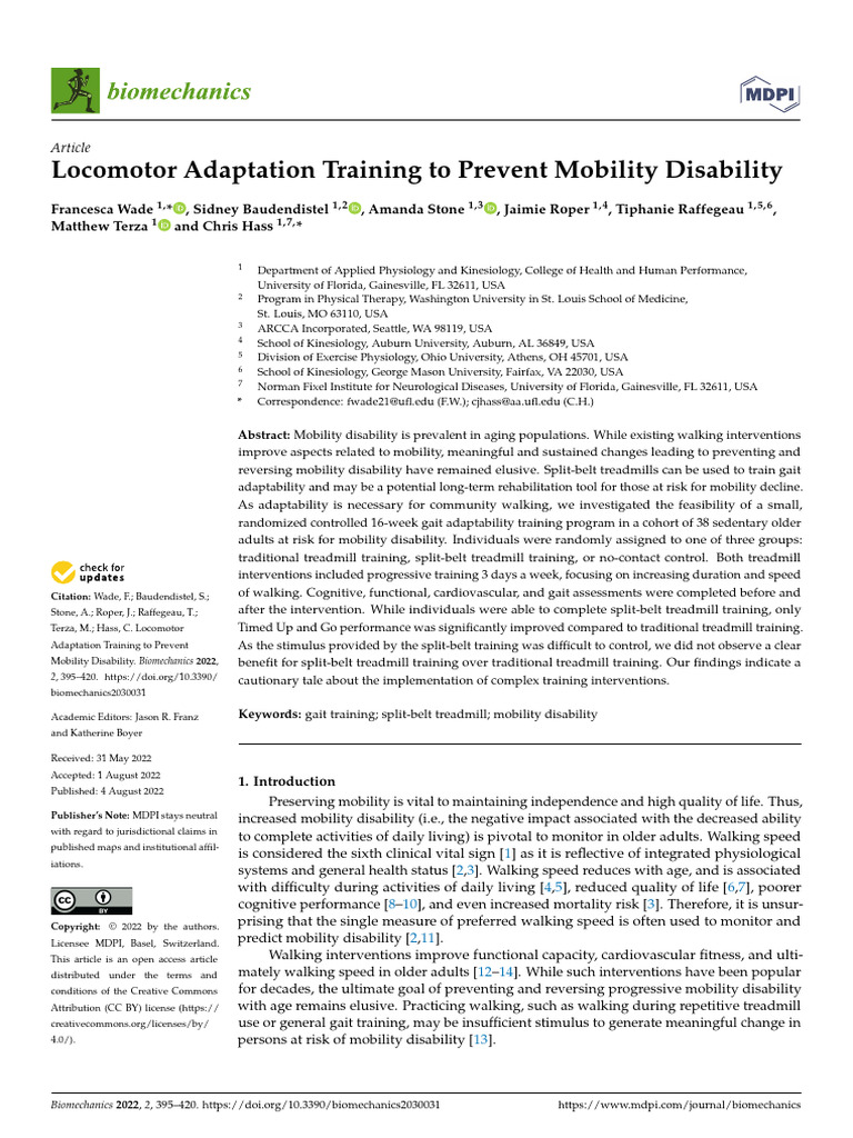 Locomotor Adaptation Training To Prevent Mobility Disability | PDF ...