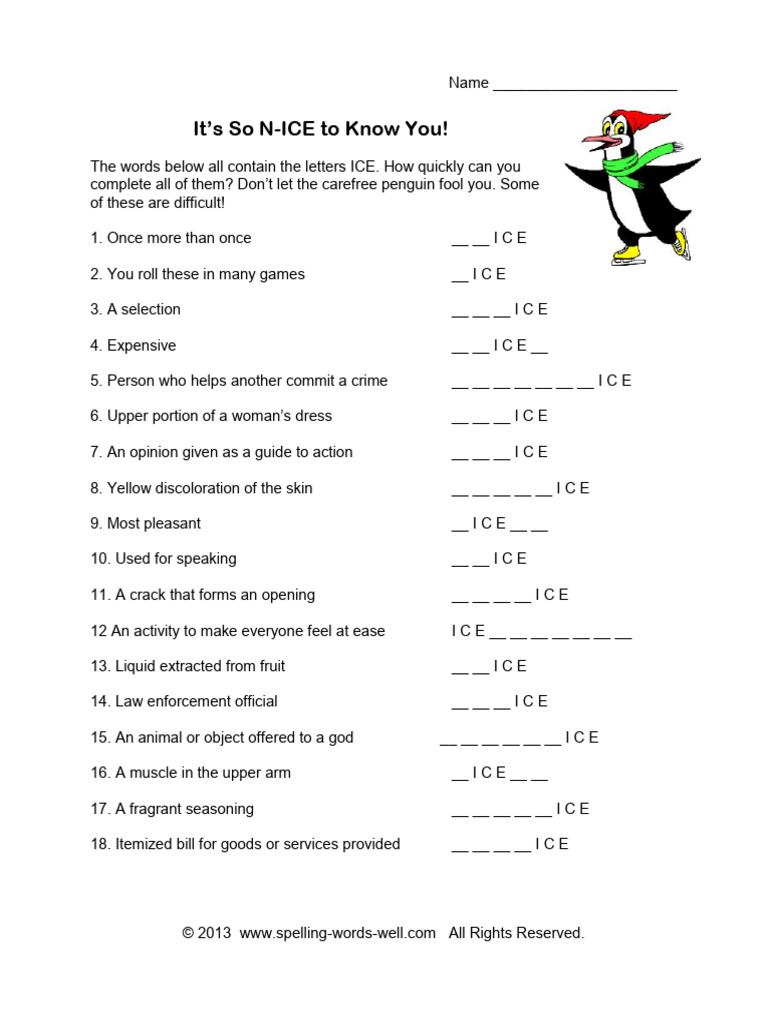 Vocabulary English Worksheets Ice | PDF