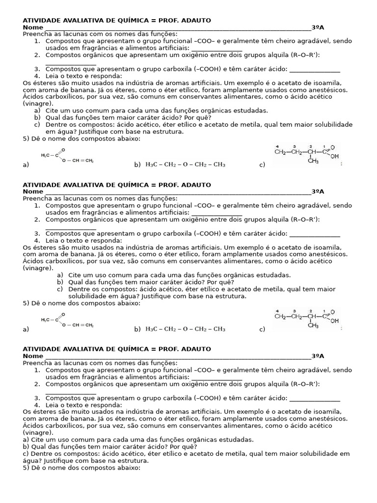 Atividade Avaliativa de Química | PDF | Éster | Ácido acético