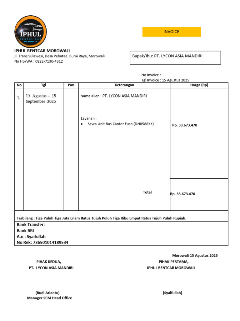 Invoice Sewa Bus PT. Lycon Asia Mandiri | PDF