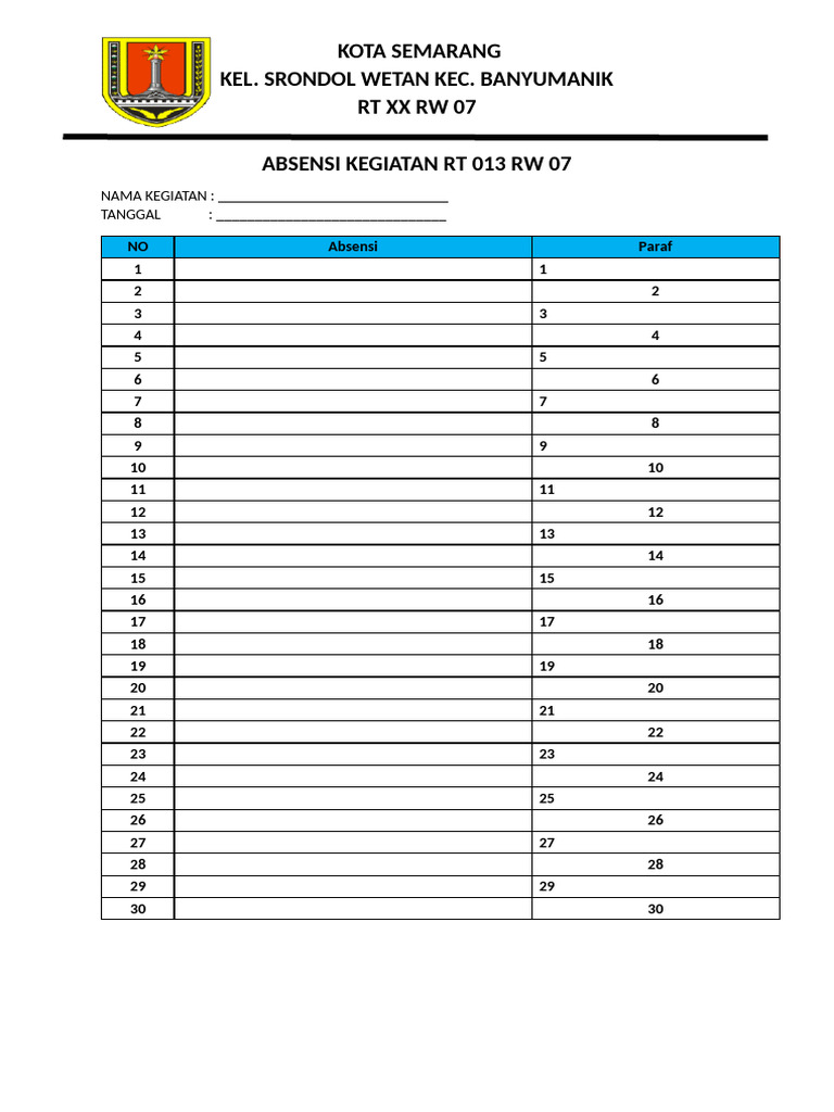Absensi Kegiatan Warga RT 013 | PDF