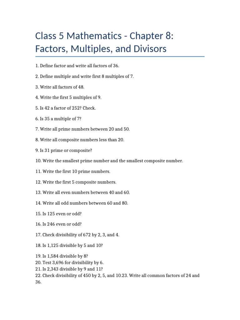 Class 5 Math Factors Multiples Divisors Questions | PDF | Prime Number ...