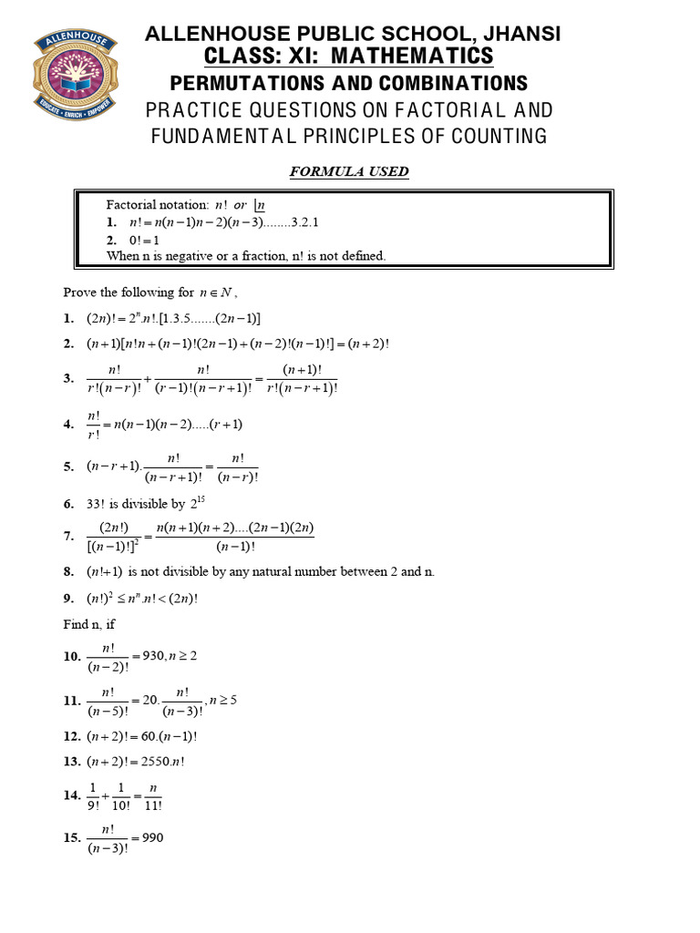 Class XI Maths: Permutations & Combinations Practice | PDF | Numbers ...