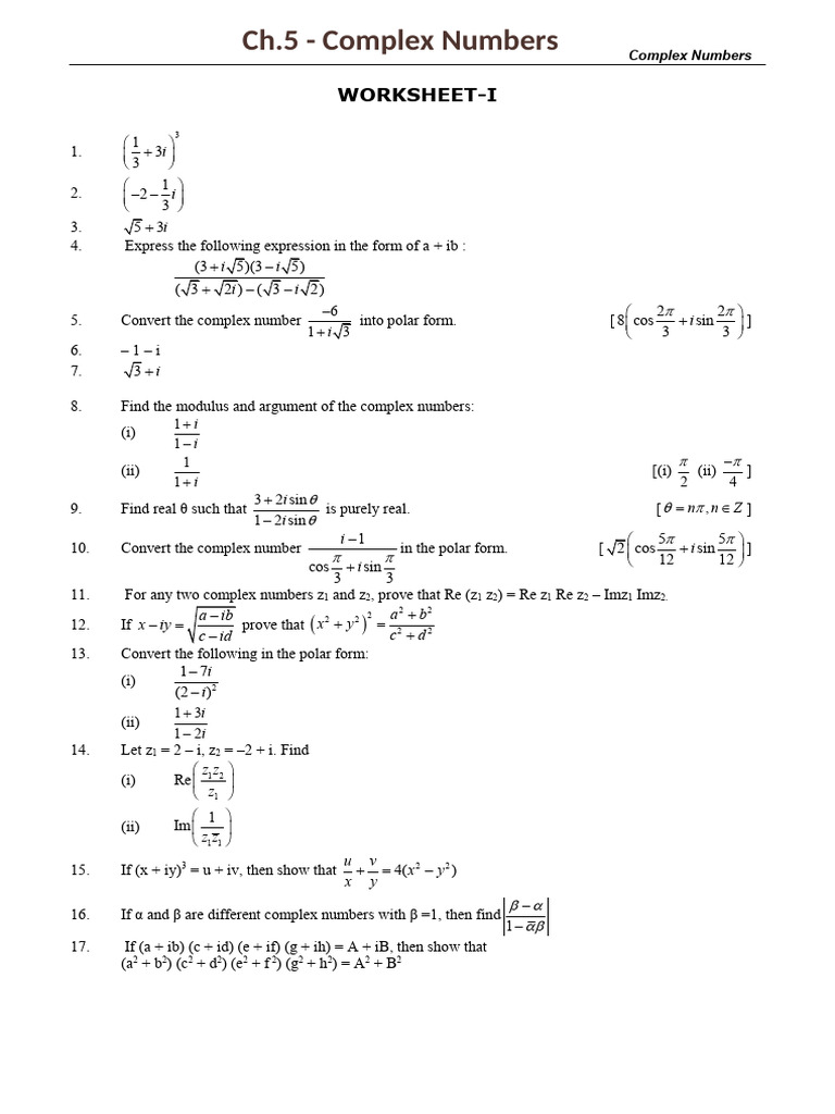 Complex Numbers Worksheet Exercises | PDF | Complex Number | Mathematics