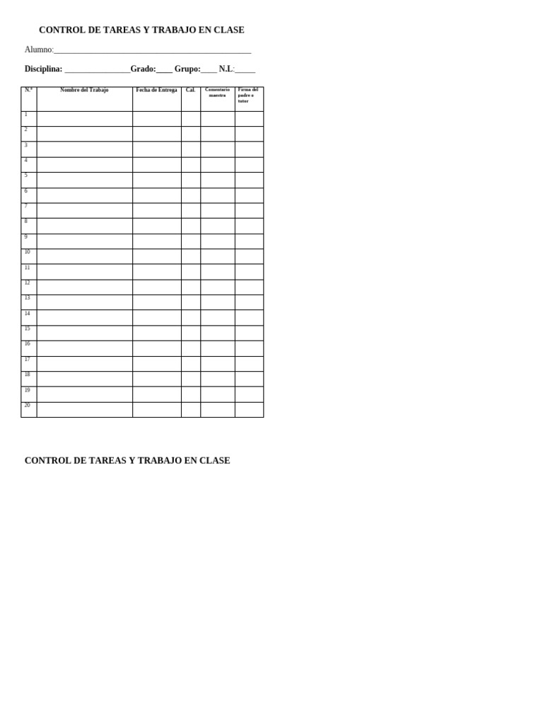 Control de Tareas y Trabajo en Clase | PDF