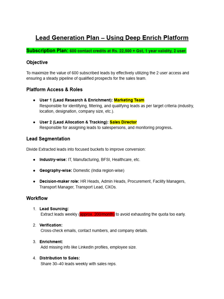 Lead Generation Plan - Using Deep Enrich Platform | PDF