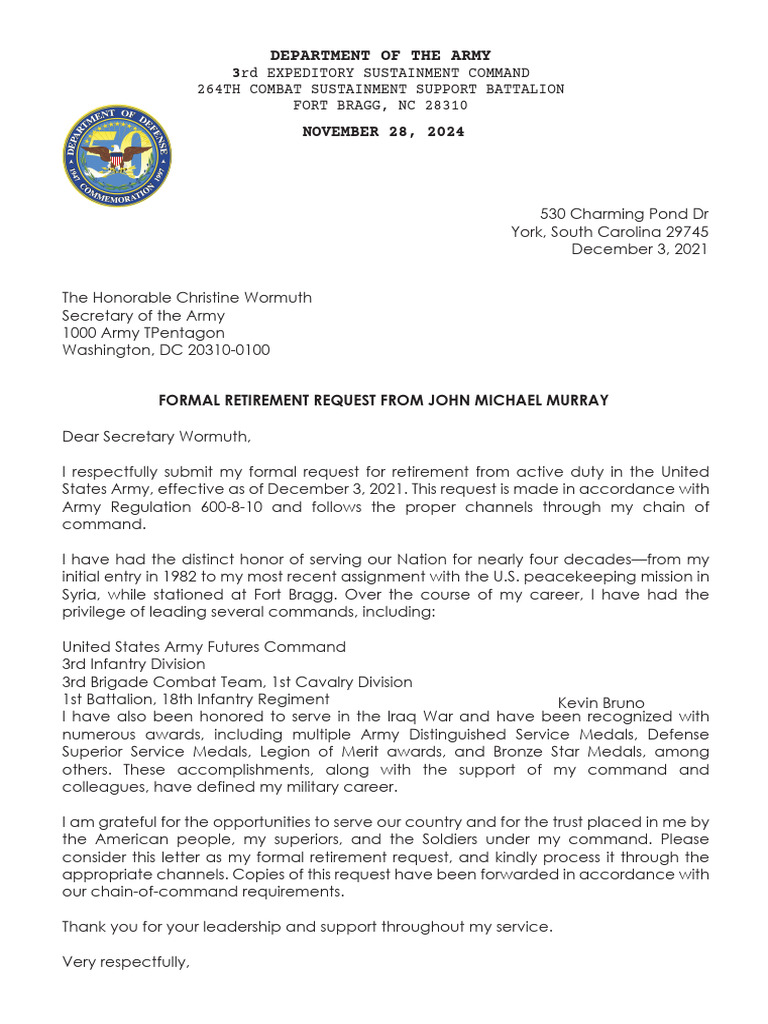 Retirement Request of General Murray | PDF | United States Army ...
