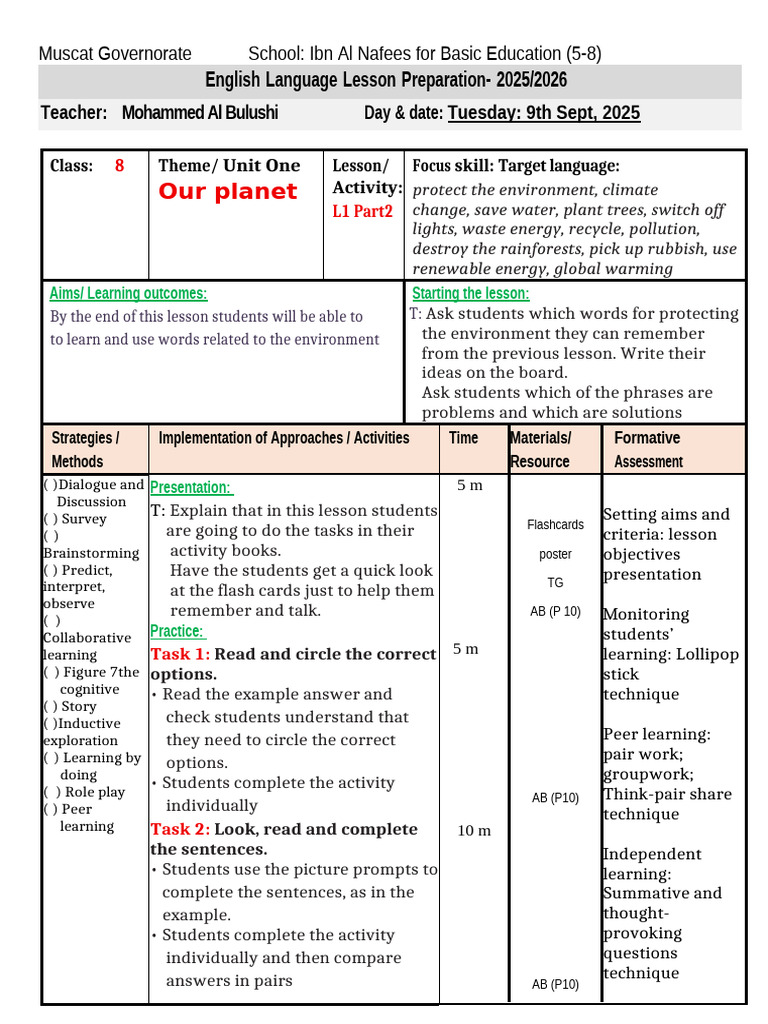 8th Grade English Lesson on Environment | PDF | Learning | Cognition