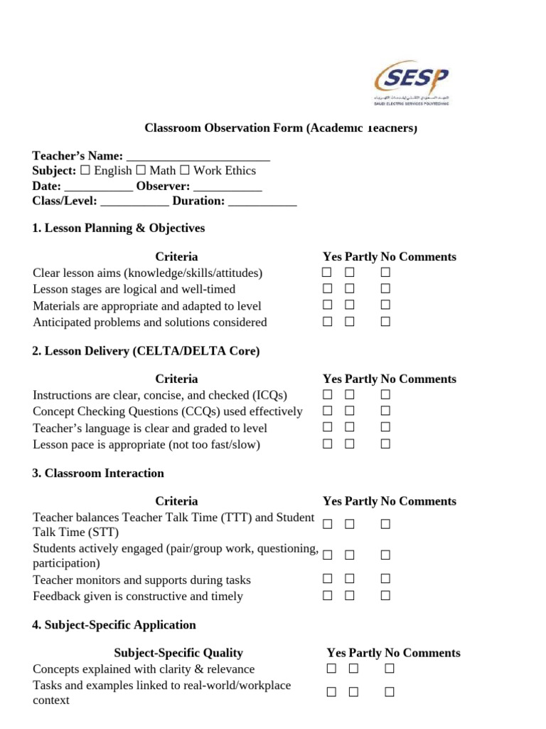 Classroom Observation Evaluation Form | PDF | Teachers | Behavioural ...
