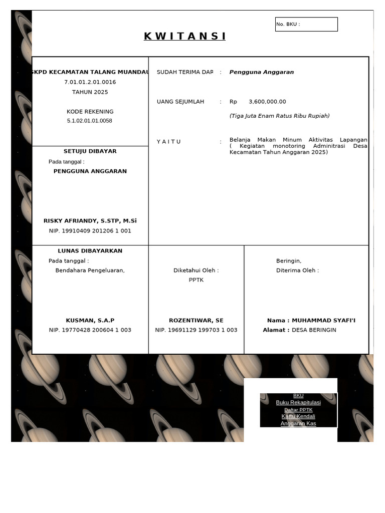 KWITANSI Makan Minum Aktivitas Lapangan 2025 | PDF