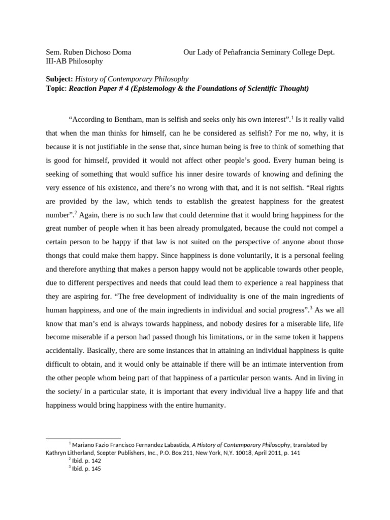 Reaction Paper# 4 (Epistemology & The Foundtions of Scientific Thought) | PDF | Happiness | Thought