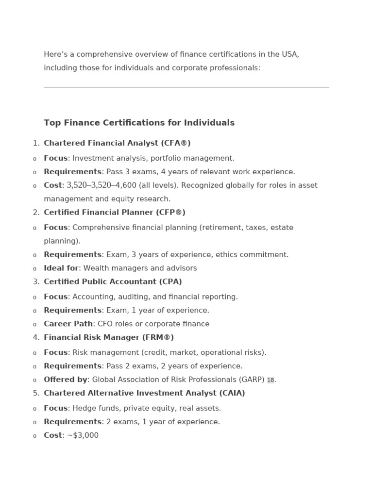 Essential Finance Certifications in the USA | PDF | Financial Adviser ...