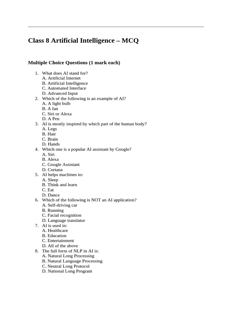 Class 8 AI MCQs with Answers | PDF | Artificial Intelligence ...