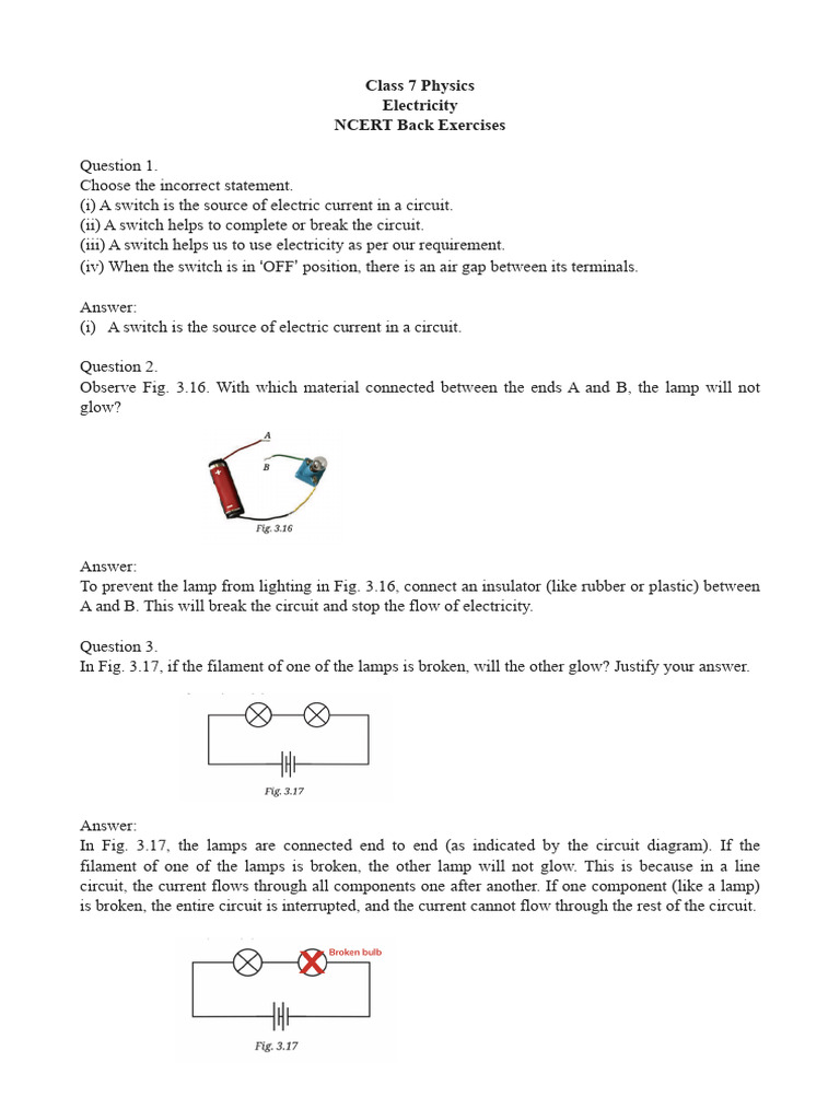 Electricity Class 7 BACK EXERCISES | PDF | Switch | Electric Current