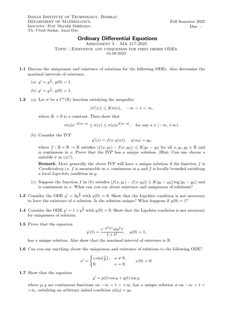 Assignments MA417 2025 Tex (1) | PDF | Ordinary Differential Equation | Subtraction