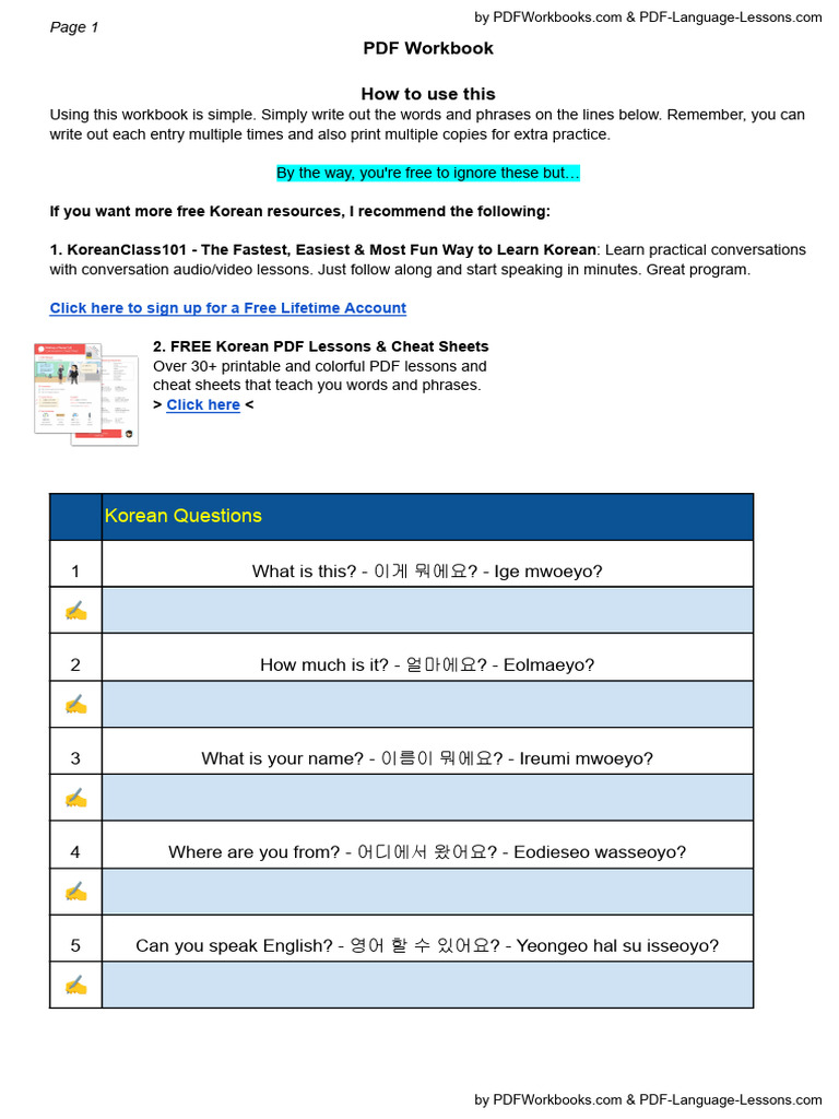 Korean Question Words Workbook | PDF