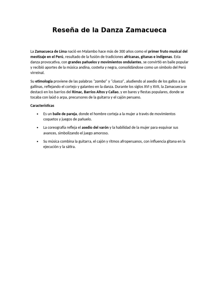 Historia y características de la Zamacueca | PDF