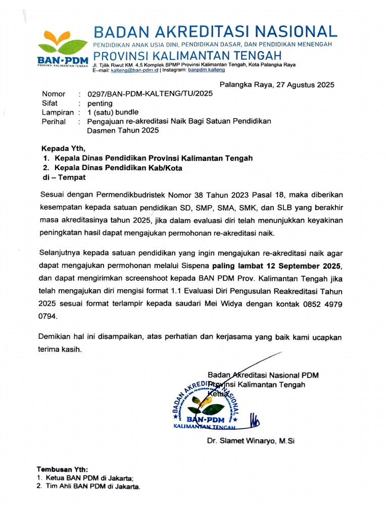 297 - Surat Pemberitahuan Re-Naik Disdik 2025 BAN PDM Kalteng | PDF