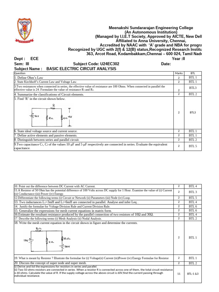 CA QB(1&2) | PDF | Series And Parallel Circuits | Electrical Network