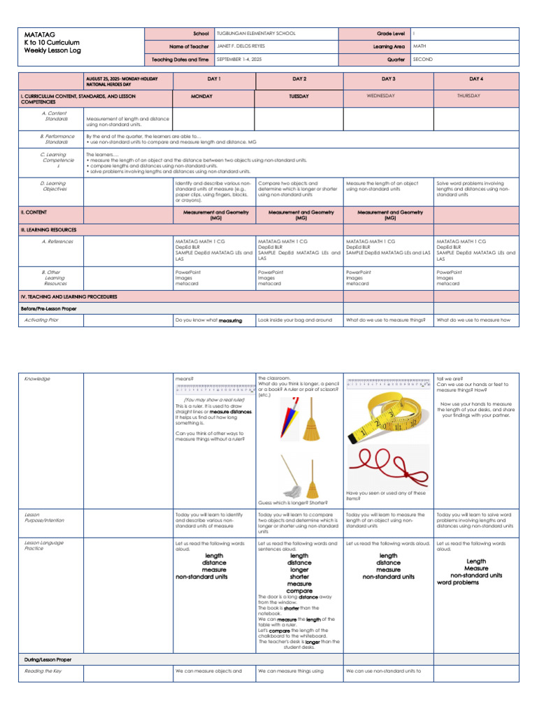 W2 Q2 Math1 Matatag DLL | PDF | Mathematics | Learning