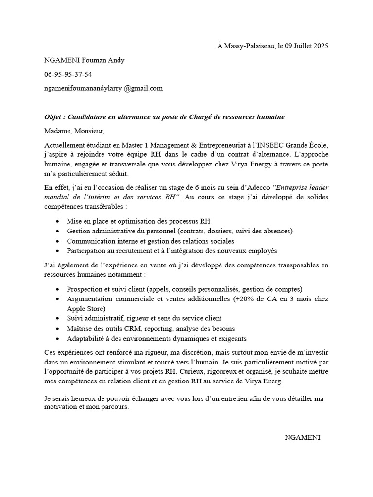 Candidature Alternance RH - NGAMENI Andy | PDF