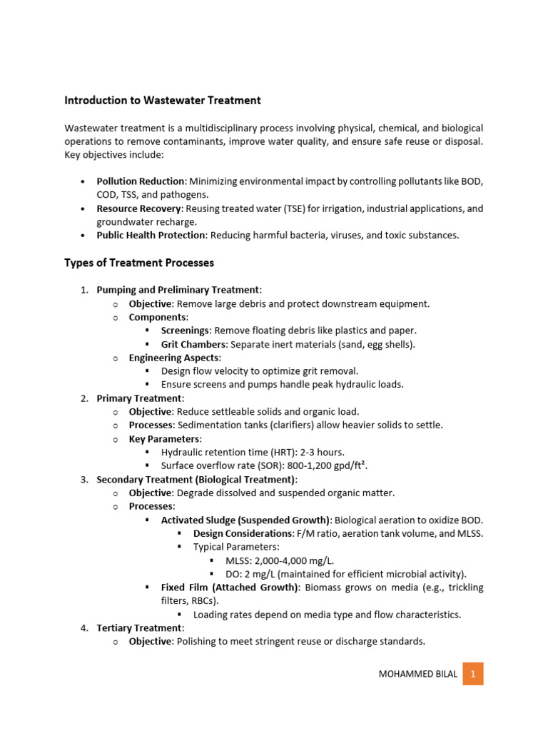 Wastewater Treatment Short Notes | PDF | Sewage Treatment | Water Pollution