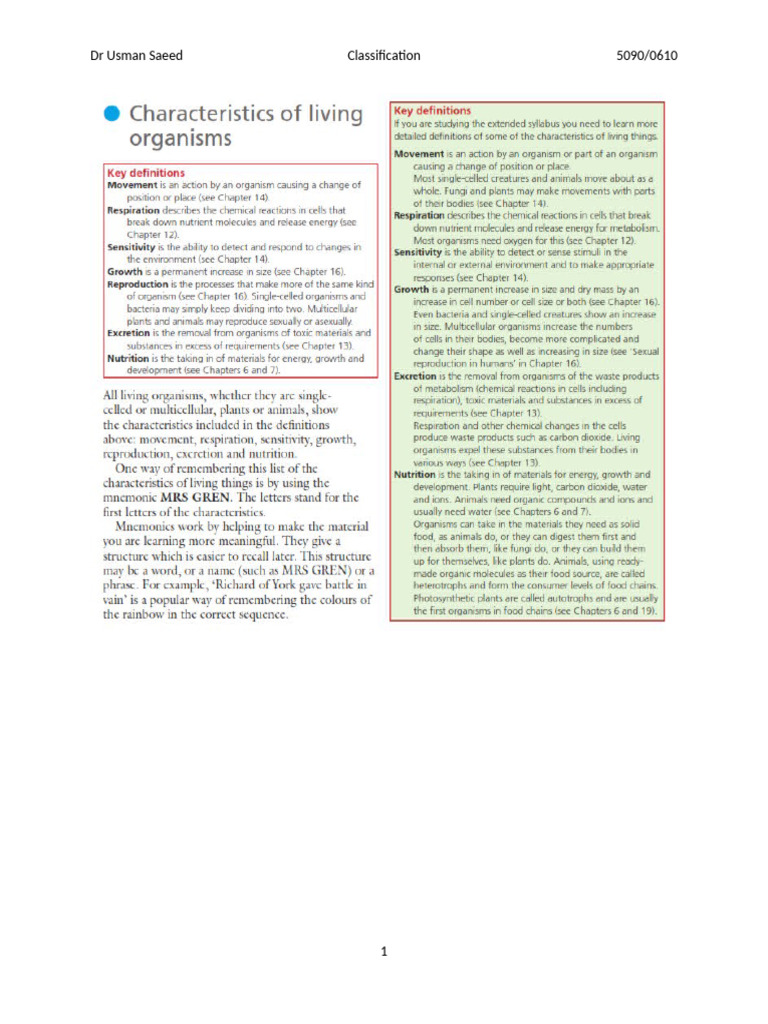 Characteristics of Living Things Notes | PDF