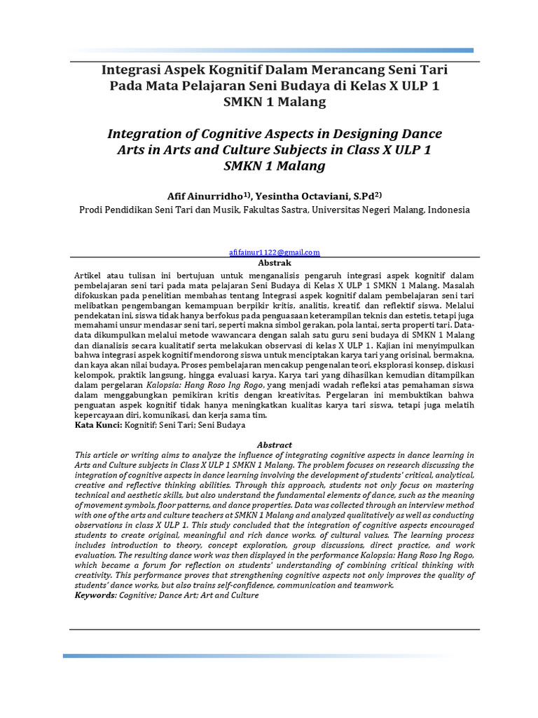 Integrasi Aspek Kognitif Dalam Merancang Seni Tari Pada Mata Pelajaran Seni Budaya di Kelas X ...