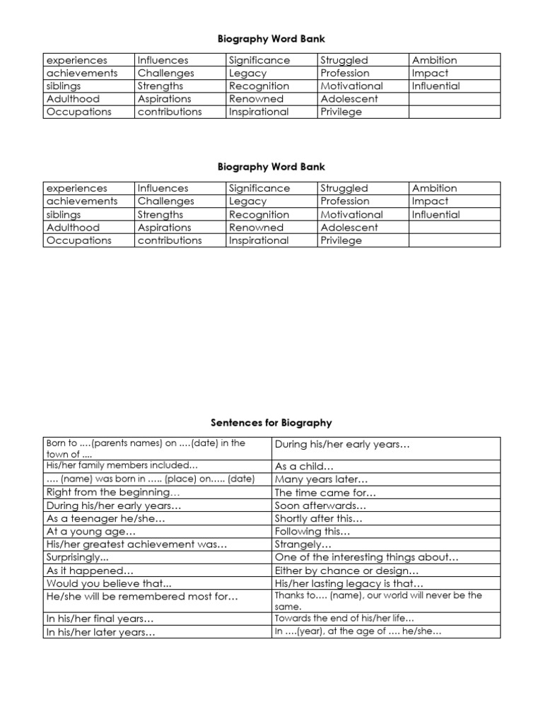 Biography Word Bank | PDF