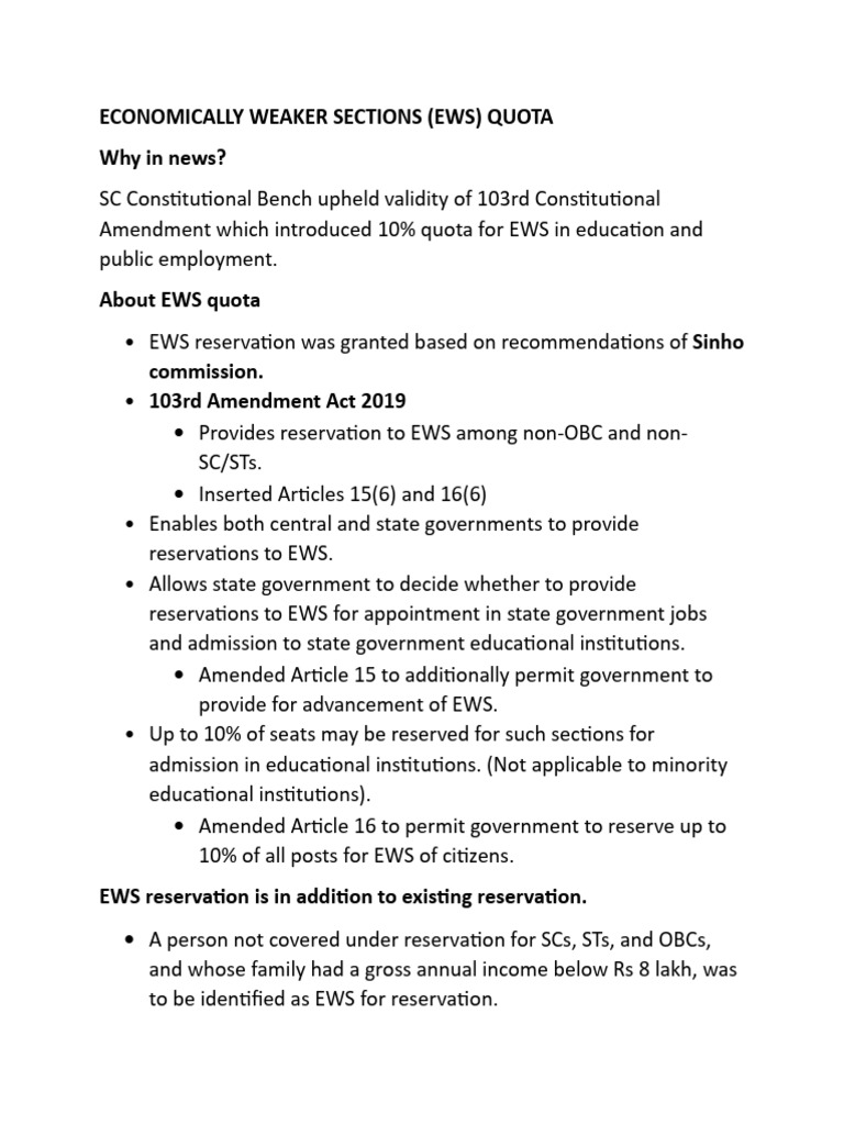EWS Quota and Legal Updates in India | PDF | Government | Government Of ...