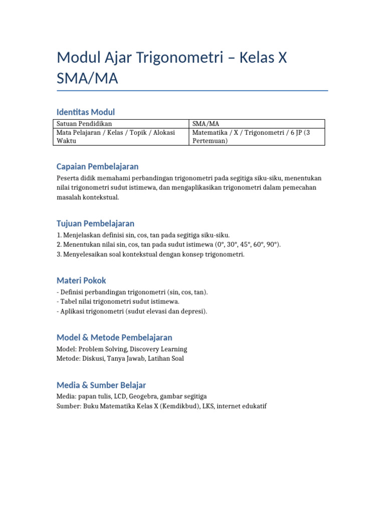 Modul Ajar Trigonometri Kelas X | PDF