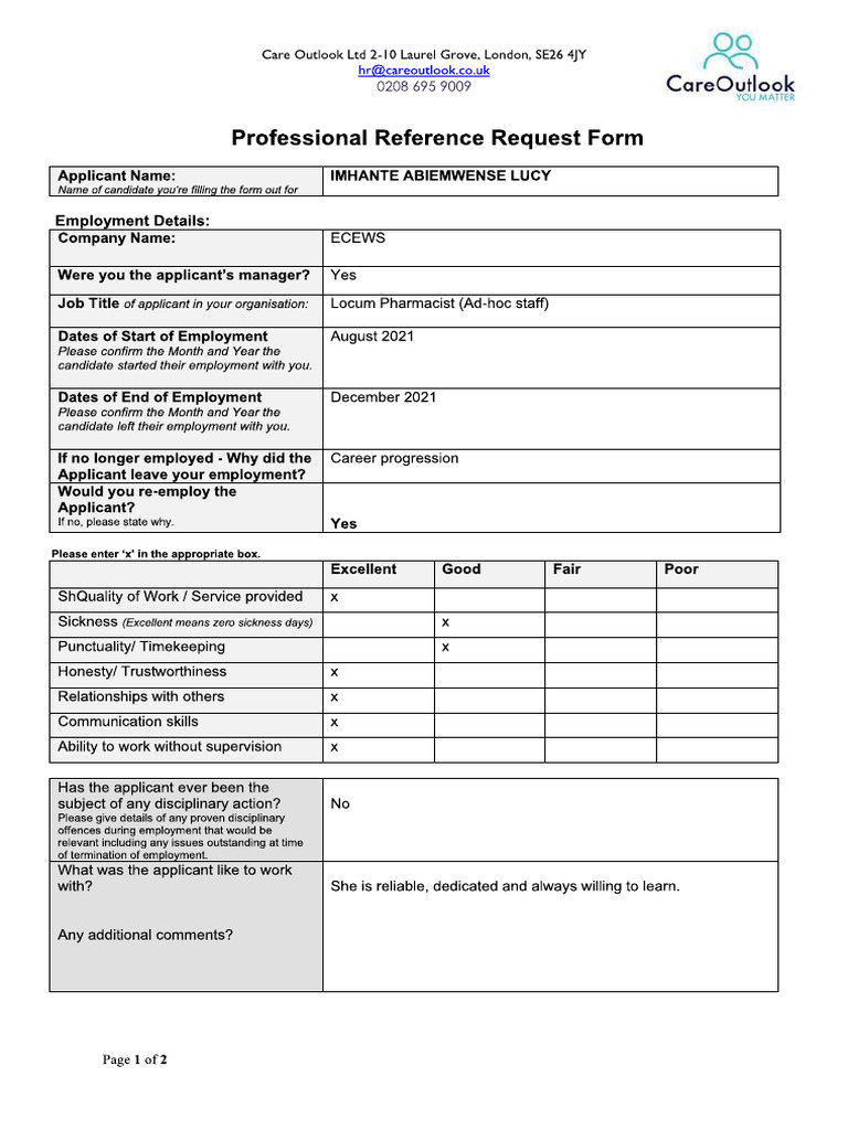 Ecews Professional Reference Form | PDF