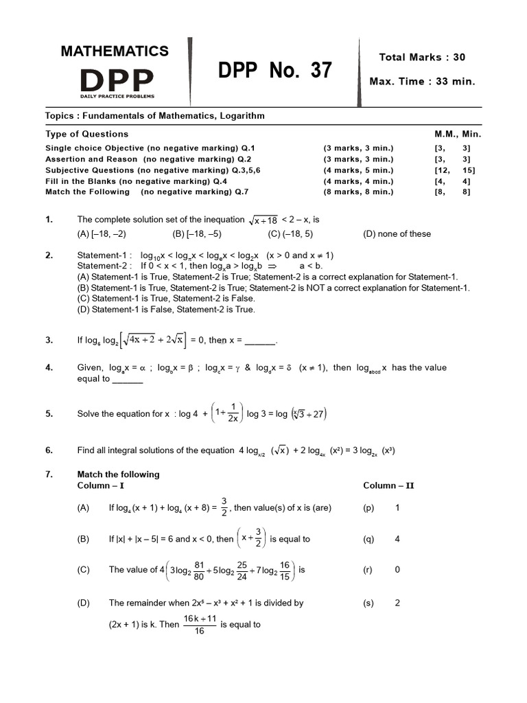 Log Fom DPP 37 | PDF | Mathematics | Arithmetic