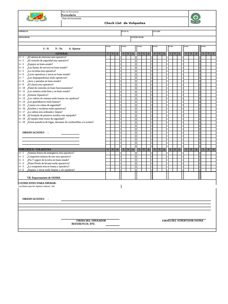 02 Check List de Volquetes | PDF | Industria automotriz | Vehículo de motor