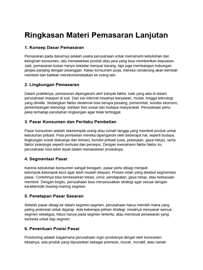 Ringkasan Materi Pemasaran Lanjutan | PDF
