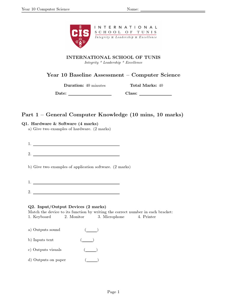 Year 10 Computer Science Assessment | PDF | Algorithms | Computer Hardware