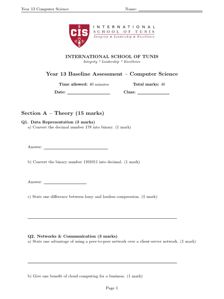 Year 13 Baseline Assessment | PDF | Data Compression | Computing