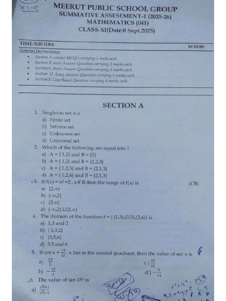 Mock Paper Class 11 Maths | PDF