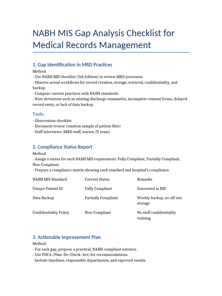 NABH MIS Checklist for Medical Records | PDF