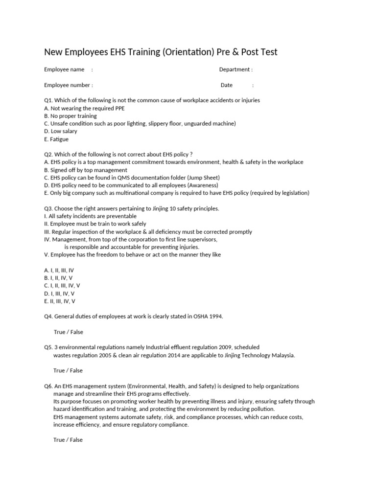 EHS Training Pre & Post Test | PDF | Personal Protective Equipment | Risk