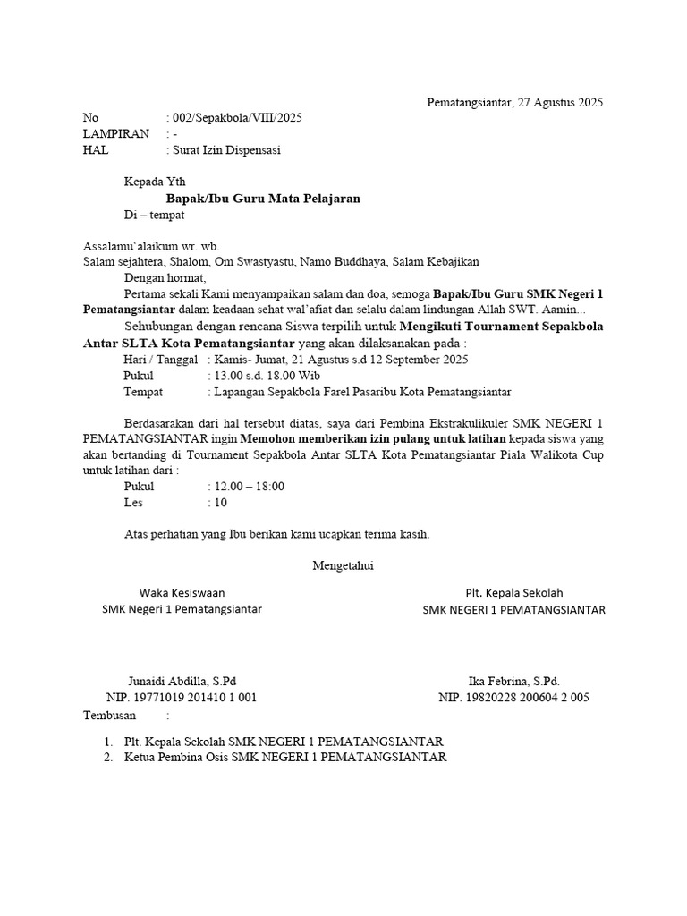 2. Surat Dispensasi Sepakbola Piala Walikota | PDF