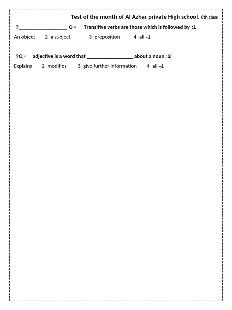 Al Azhar High School 8th Grade Test | PDF
