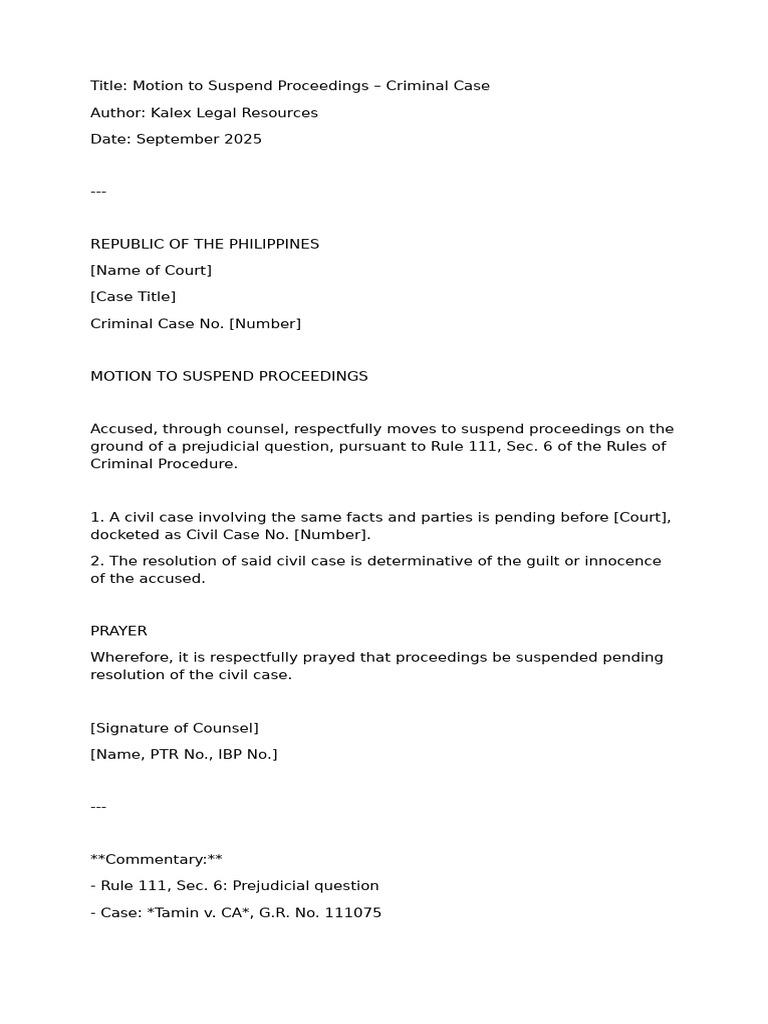 Motion To Suspend Proceedings - Criminal Case | PDF