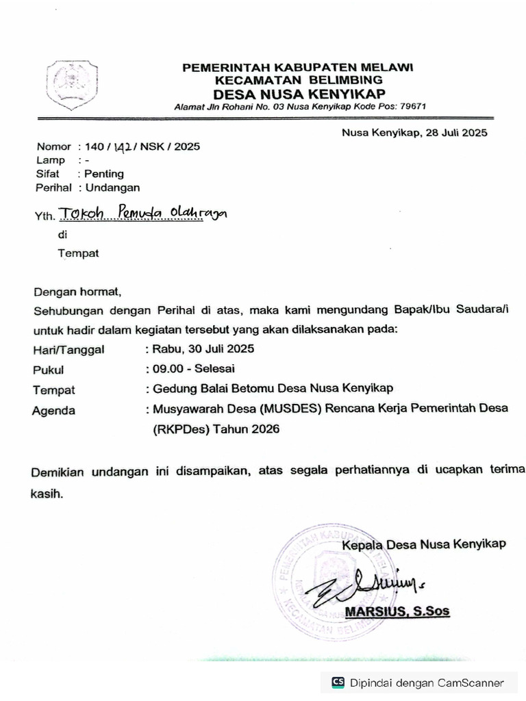 Undangan Musdes RKPDes Tahun 2026 Untuk Tokoh Pemuda Olahraga | PDF