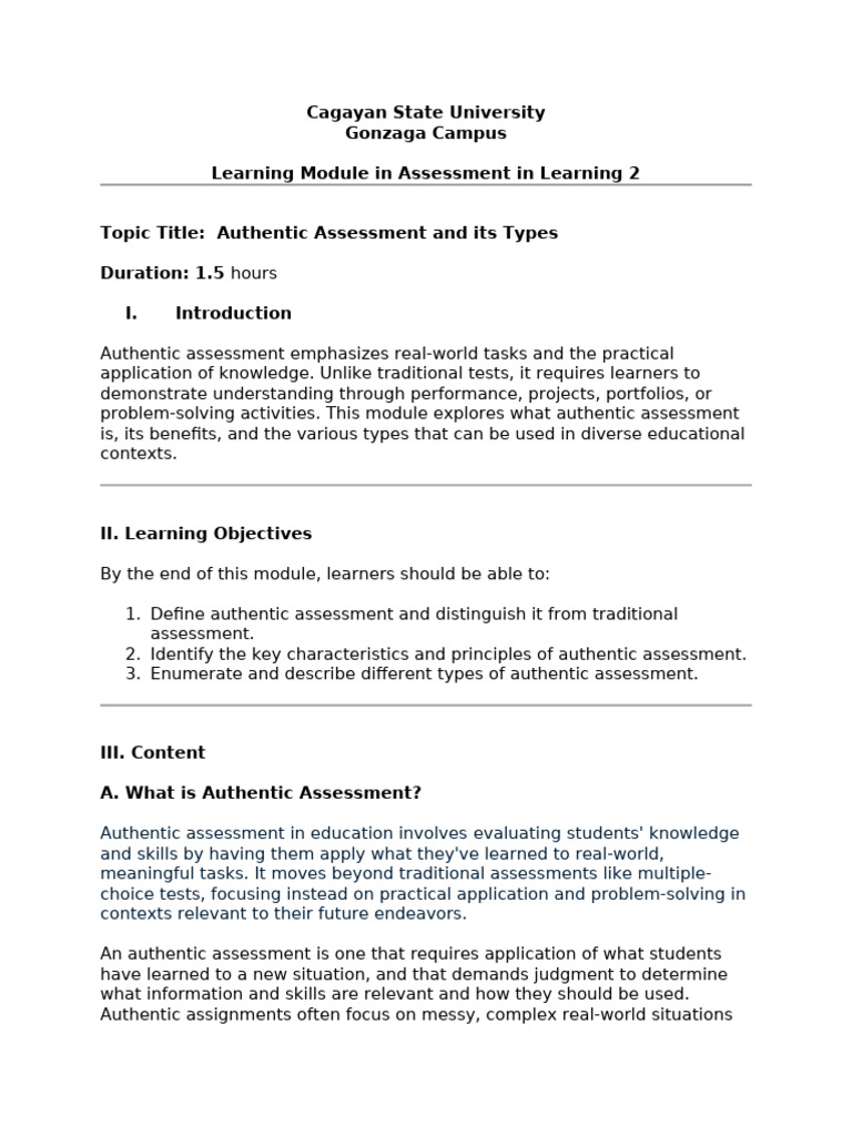 Module in Authentic Assessment | PDF | Educational Assessment | Learning