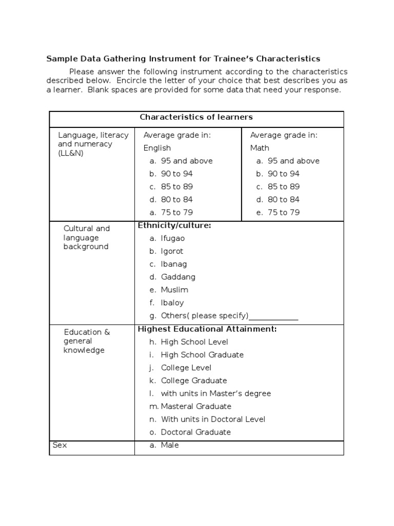 Gathering Instrument For Trainee | PDF | Academic Degree | Vocational ...